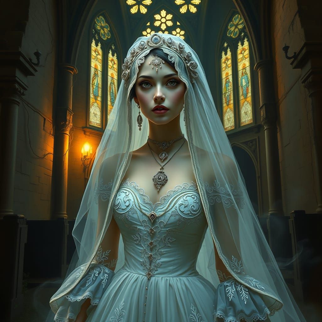 Create a oil painting style digital artwork of a powerful female ghost bride, featuring ...