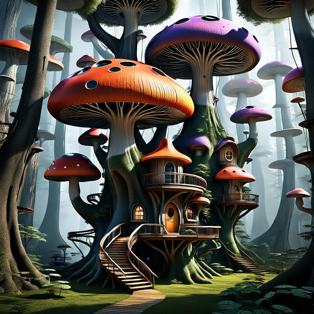 Unusual Mushroom Treehouses - AI Generated Artwork - NightCafe Creator