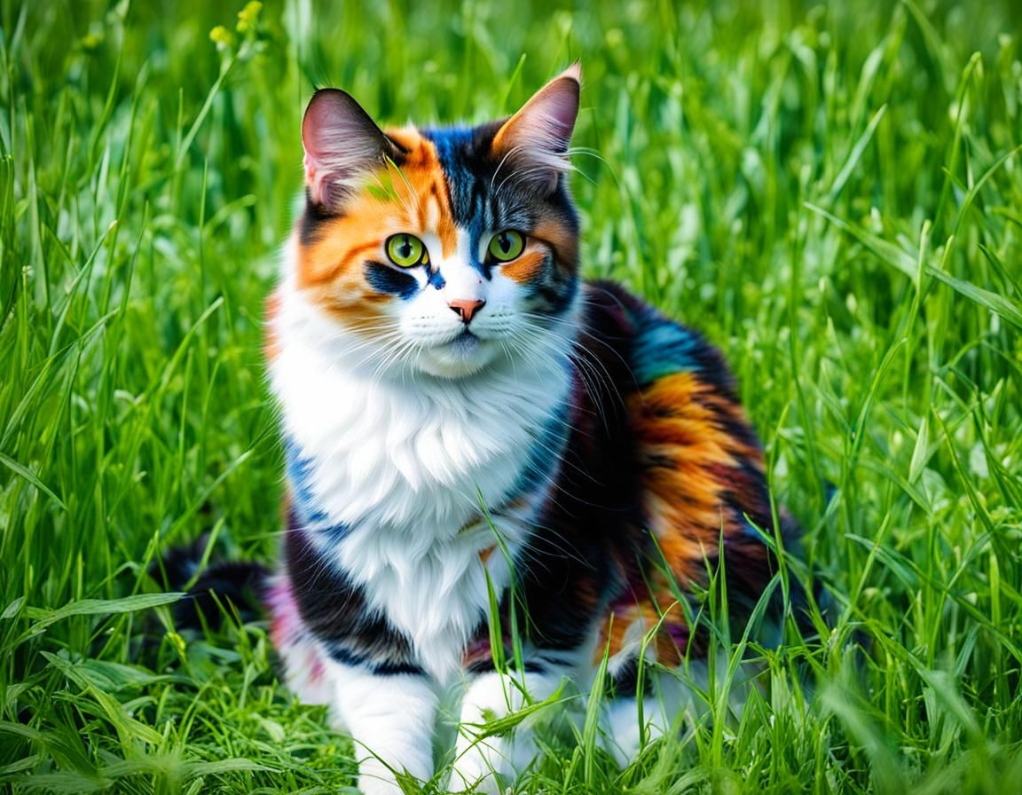 Multicolored cat sitting in the grass - AI Generated Artwork ...