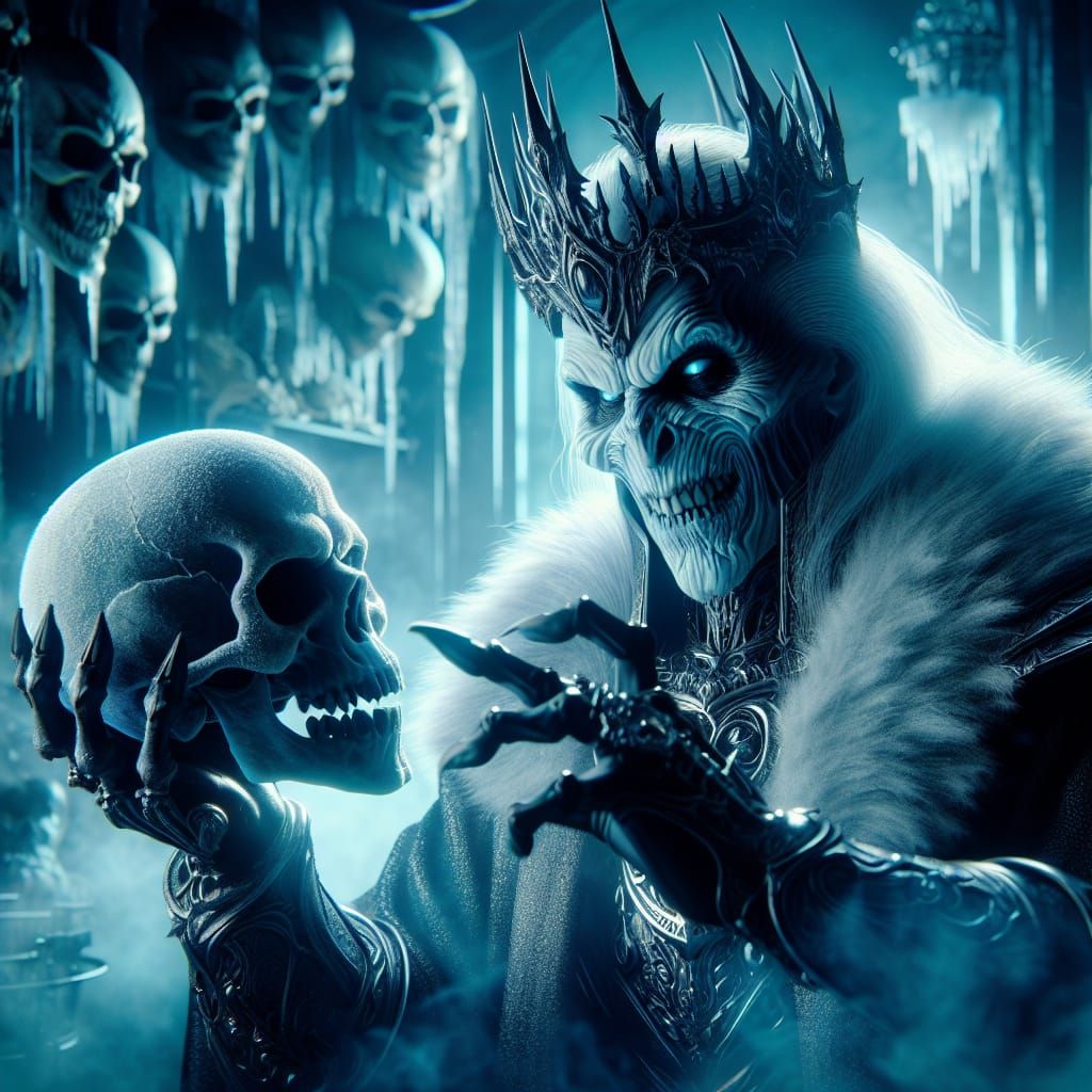 A lich king holding a frozen skull in his hand.