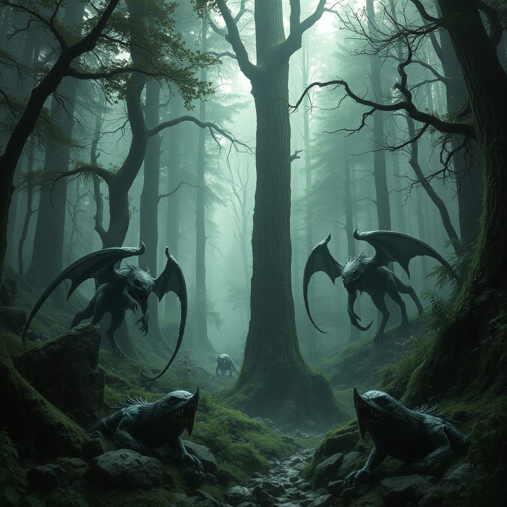 Eldritch Beasts Roam a Vibrant, Ancient Forest - AI Art