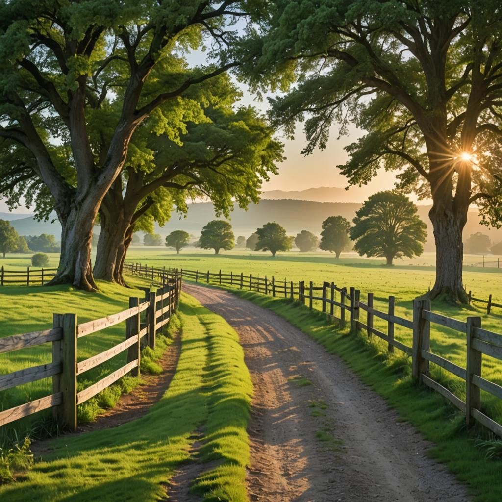 A rural scene at sunrise with a vibrant green pasture. A gravel path ...