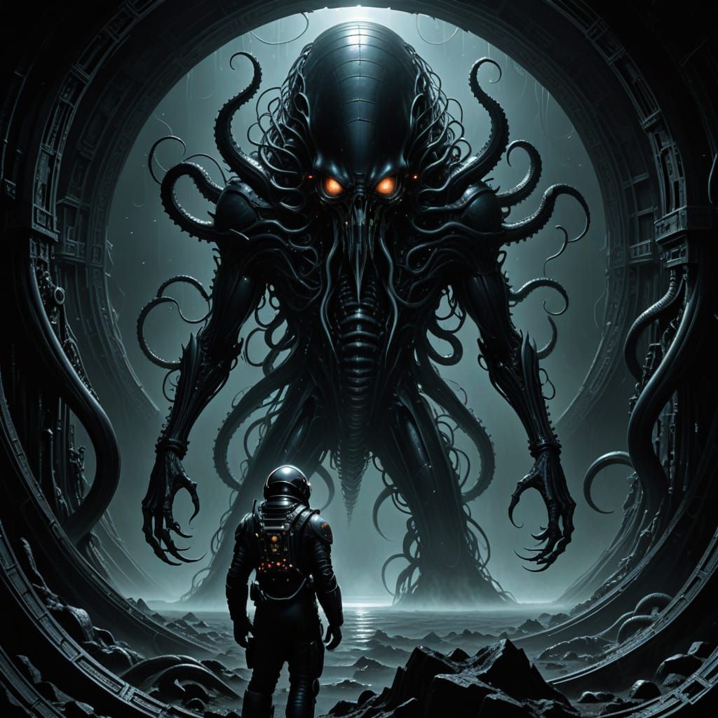 A surreal, ultra-high-resolution scene of a Lovecraftian entity, a ...