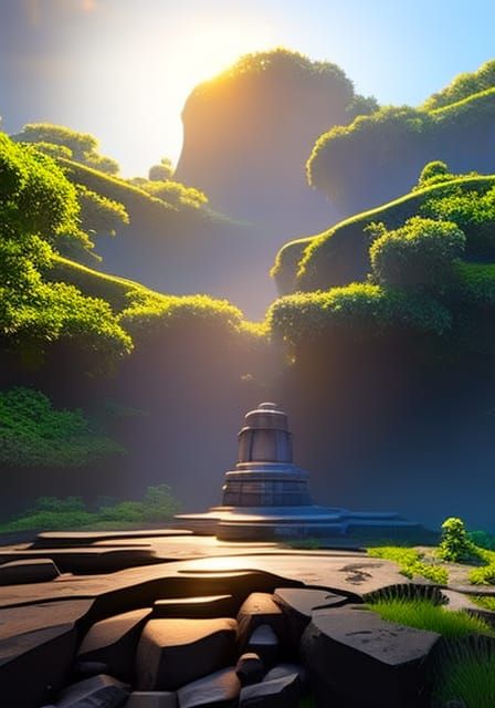 damaged metal monolith in a primeval jungle, crumbling magic portal, 2/ ...