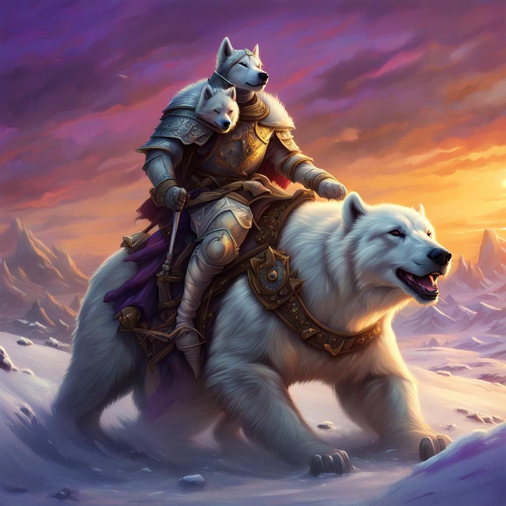 husky knight riding a polar bear into battle at sunset - AI Generated ...