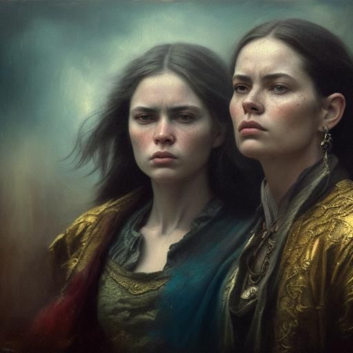 Sisters - Medieval Royalty in Peaceful Intimacy, Oil Paintin...