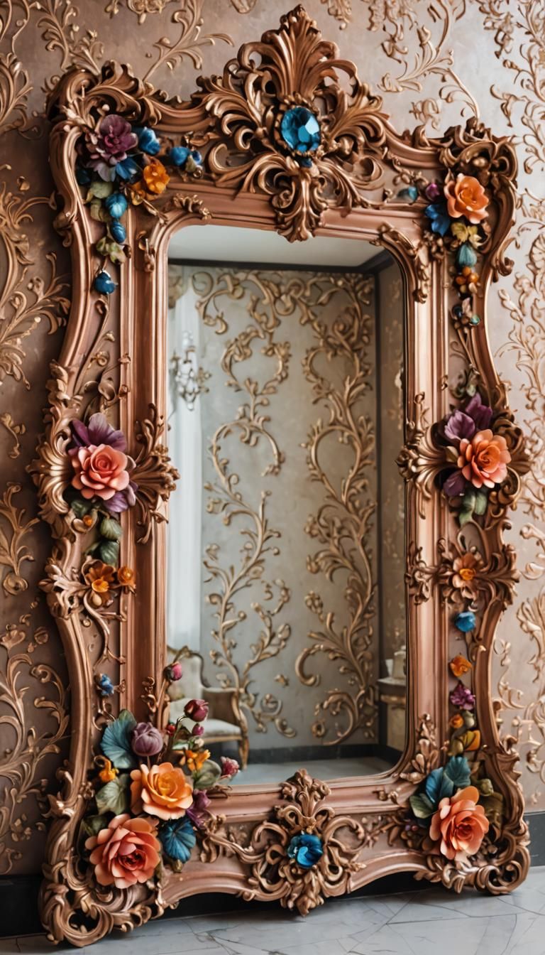 Girlish mirror in medieval times in Rococo style, Rose gold color frame ...