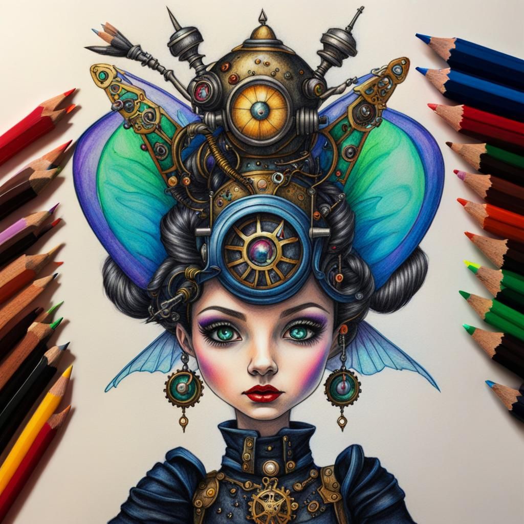 Kids drawing of goth steampunk cyberfairy godmother bot colored pencil ...