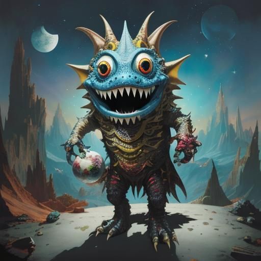 A mixed media Side profile painting of a big fish eyed sock puppet ...