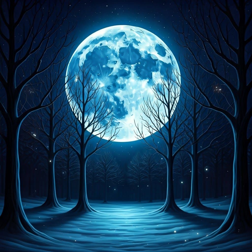 Giant blue moon shining through some barren trees of winter, with biolumiscent fairies among the ...