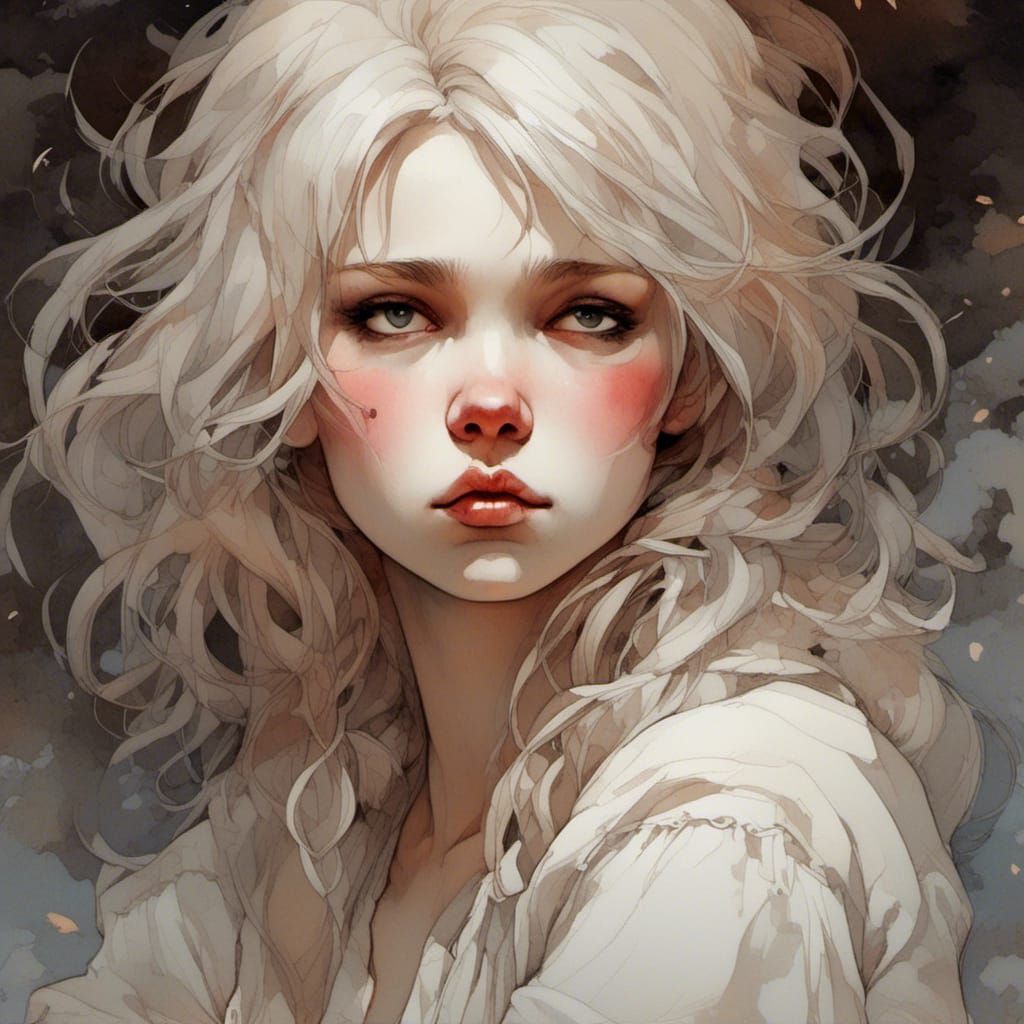 sleepy cute goth girl yawning deep bright eyes, shy, 2D, fairytales ...