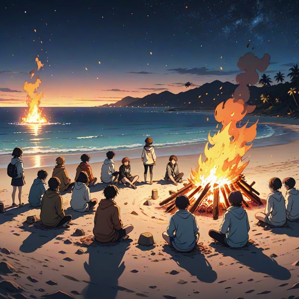 Anime Bonfire on Beach Under Starry Sky - AI Art