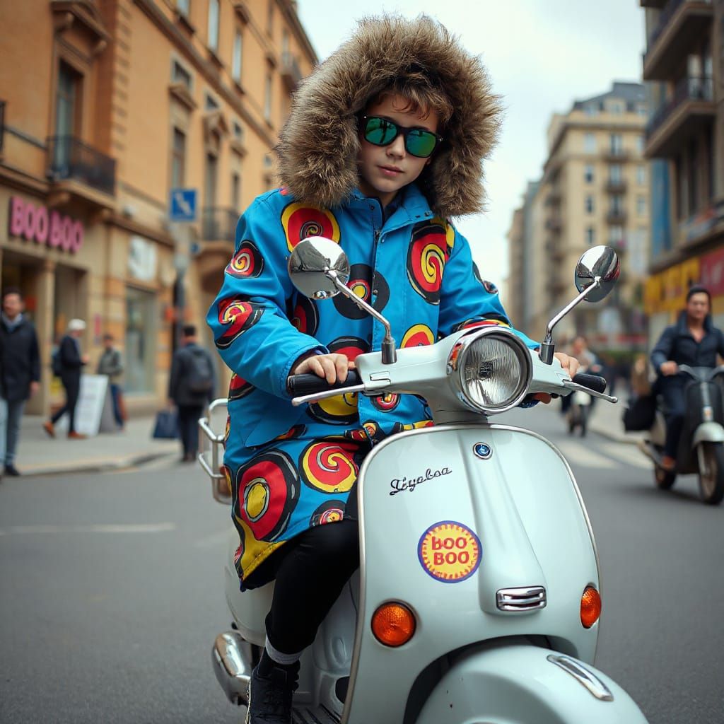 Mod wearing a parka on a mod scooter wrapped in "boo boo" artwork