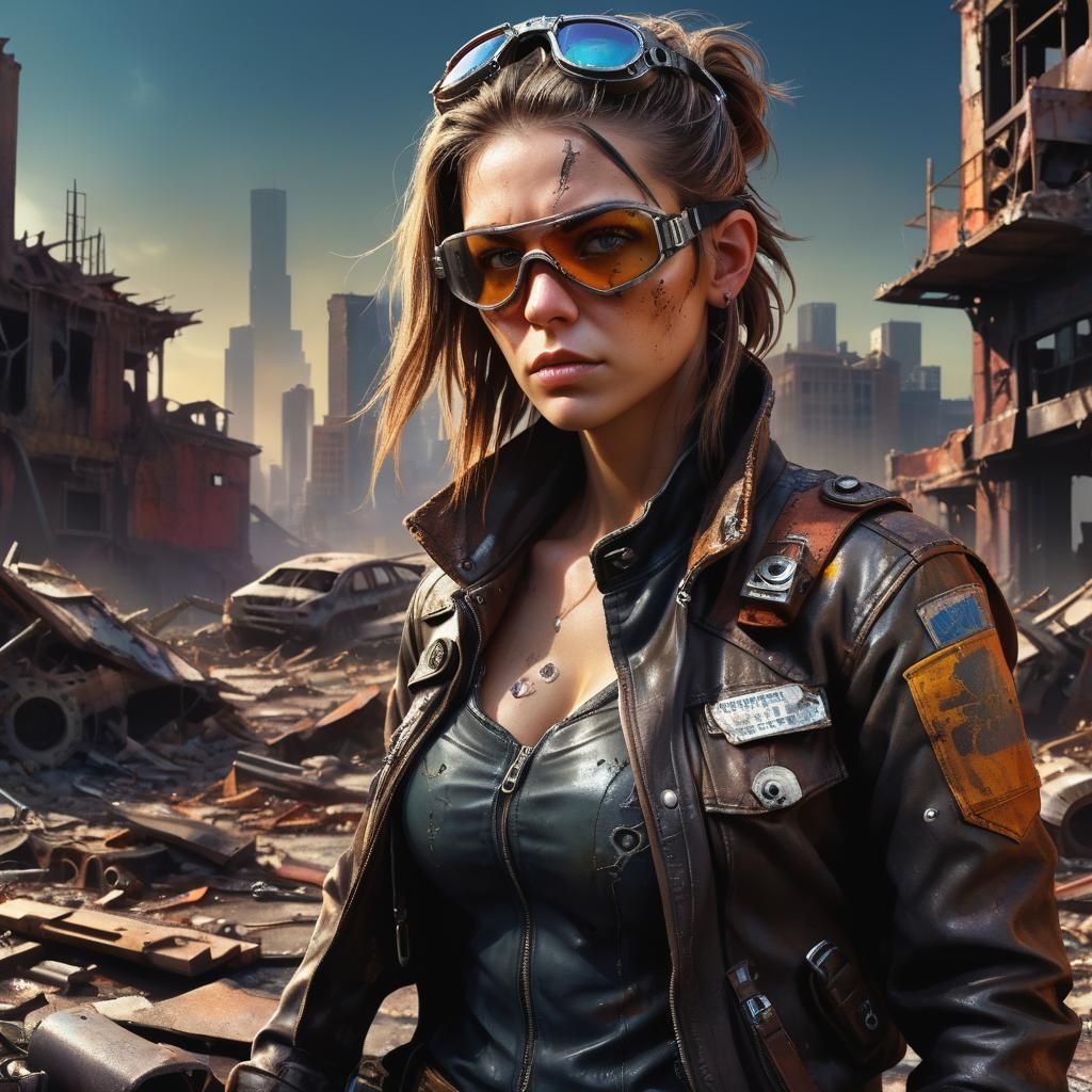Hyperrealistic Post-Apocalyptic Mechanic in Ruined... - AI Art