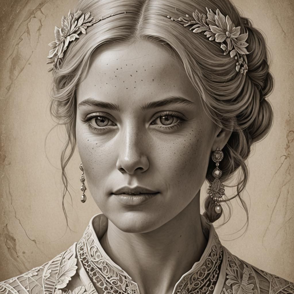 Produce a beautiful, realistic portrait of a person, with intricate ...