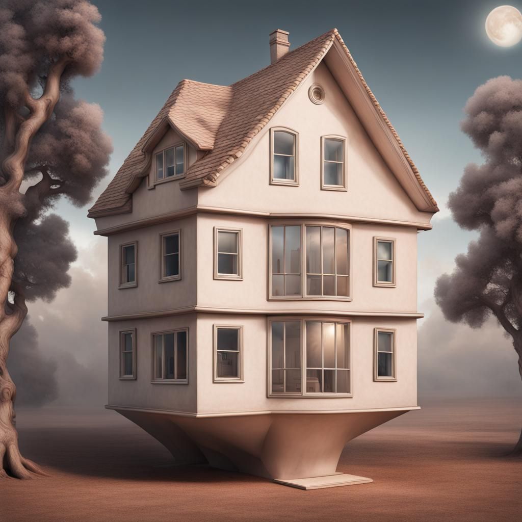 House shaped like a woman with multiple windows, lunar face, surrealist ...