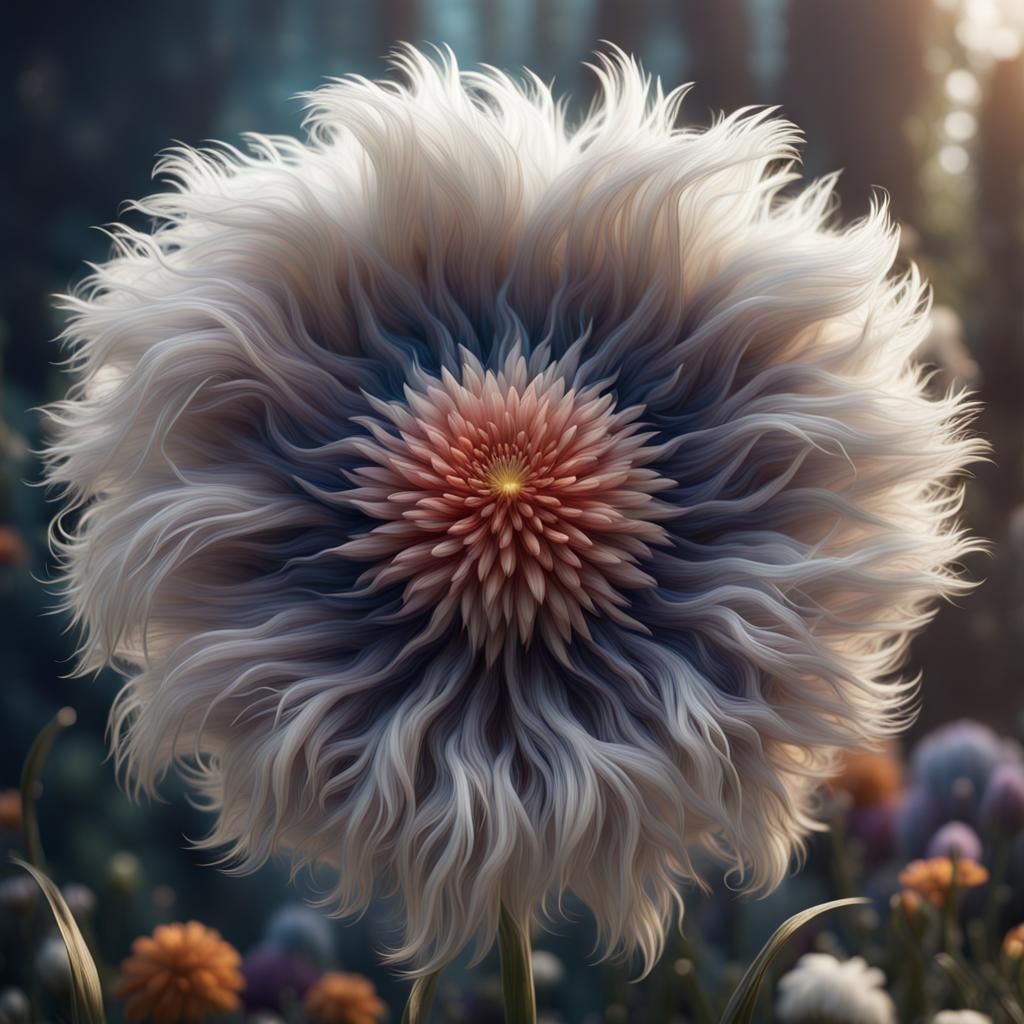 magical whimsical flower with long flowing furry white petals that ...