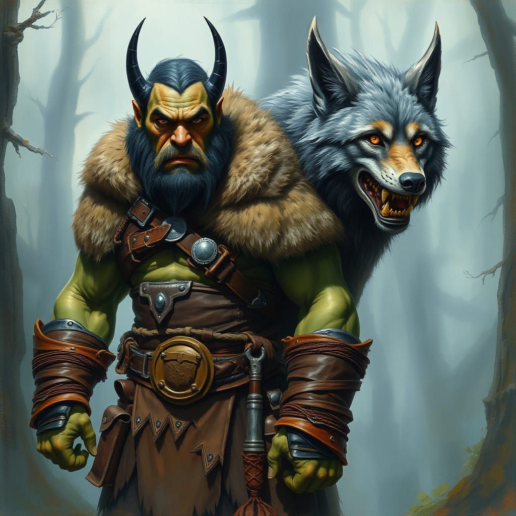 Orc with pet dire wolf - Mystical Orc Warrior Stands with Di...