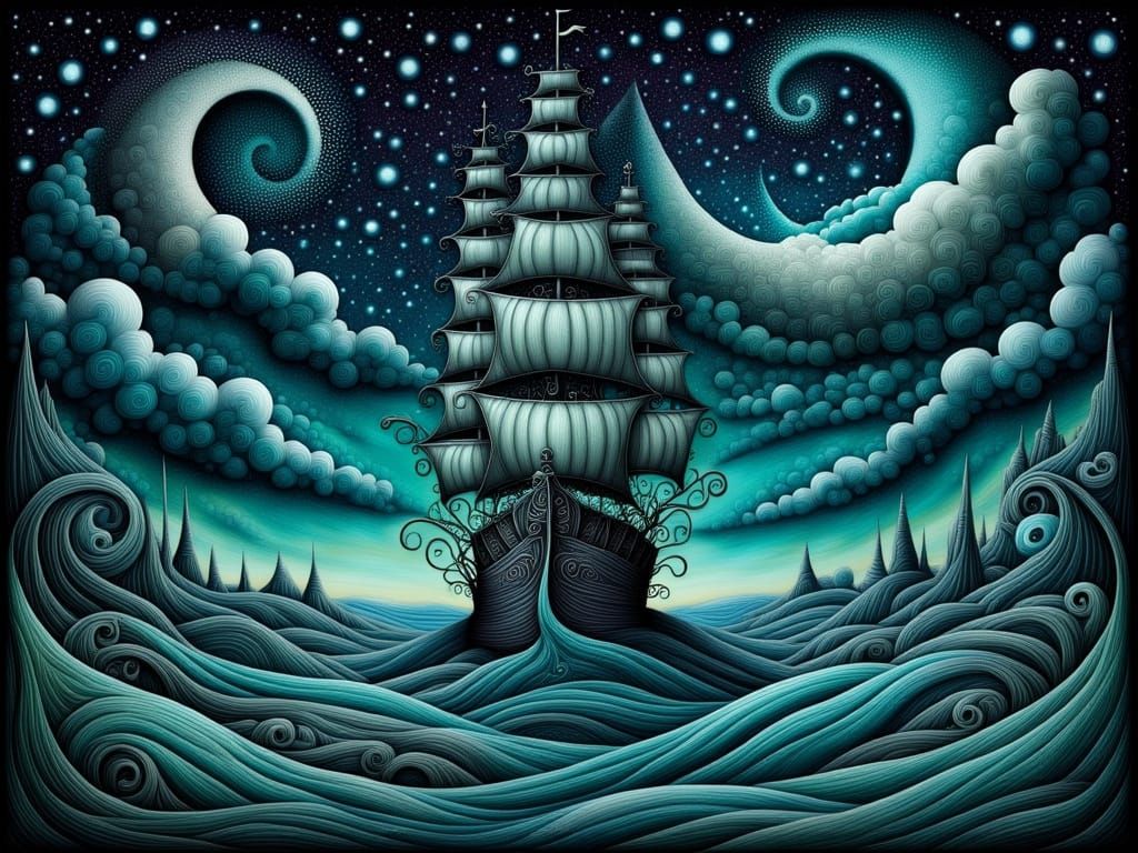 The ship rose from a silver mist, cutting through waves shaped like ...