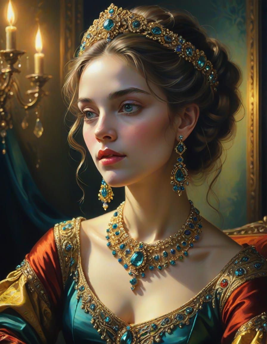 Baroque oil painting. Close-up shot. A woman wearing jewels sitting in ...