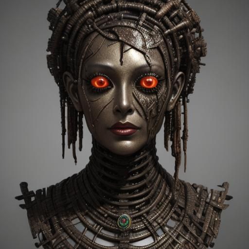 Close-up metallic mummy patched liquid and glitter sculpture with weird ...