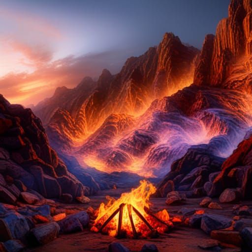 A campfire, cheery flame, stone, in a rocky canyon, 8k resolution, a ...