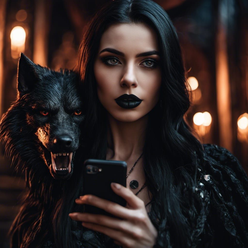 Young beautiful Goth influencer talking a selfie with a werewolf - AI ...