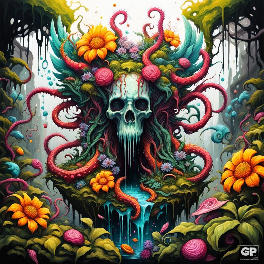 female angel, mutated tentacle forest, torns, meat eating plants ...