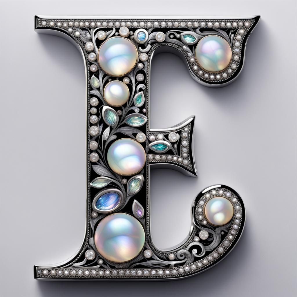 the letter "E" with delicate Faberge-style silver detailing, inlaid ...