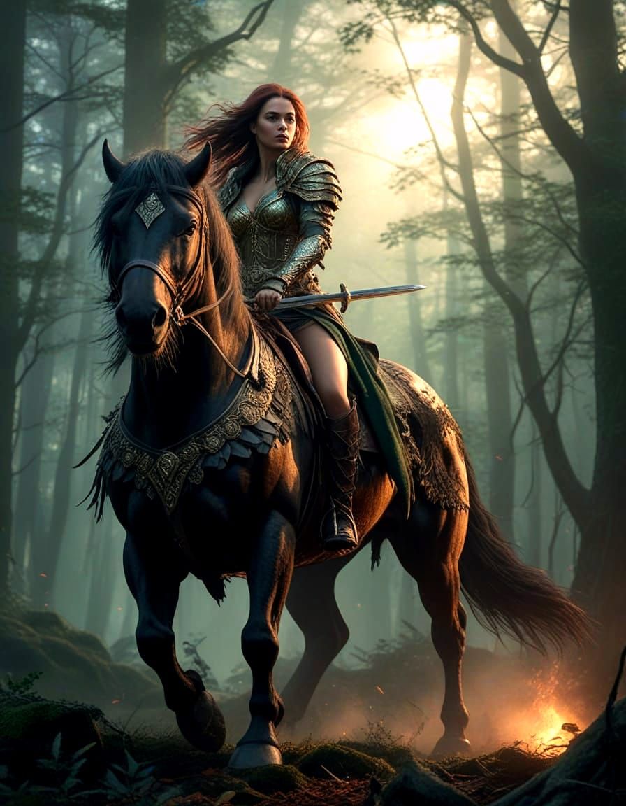 Warrior Goddess on Mythical Steed - AI Art