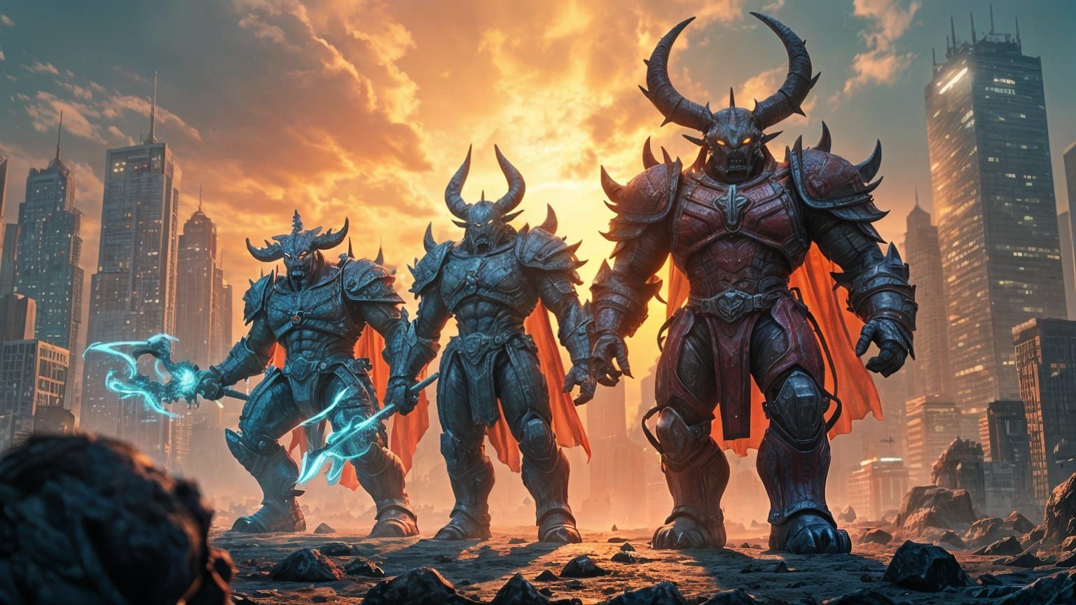 Heroic Monsters Pose in Neon Cityscape with Epic B... - AI Art