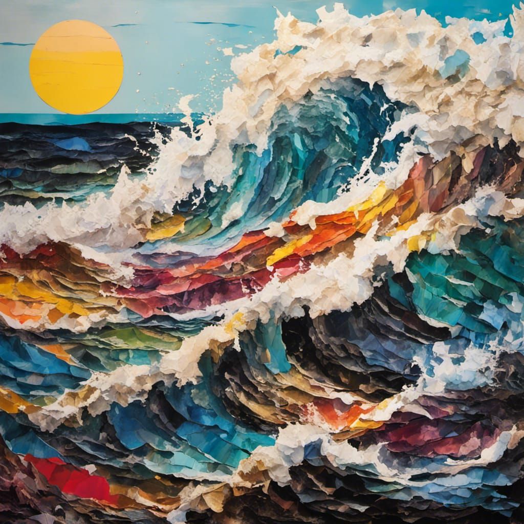 Collage artwork of crashing waves made with old used torn up magazines ...