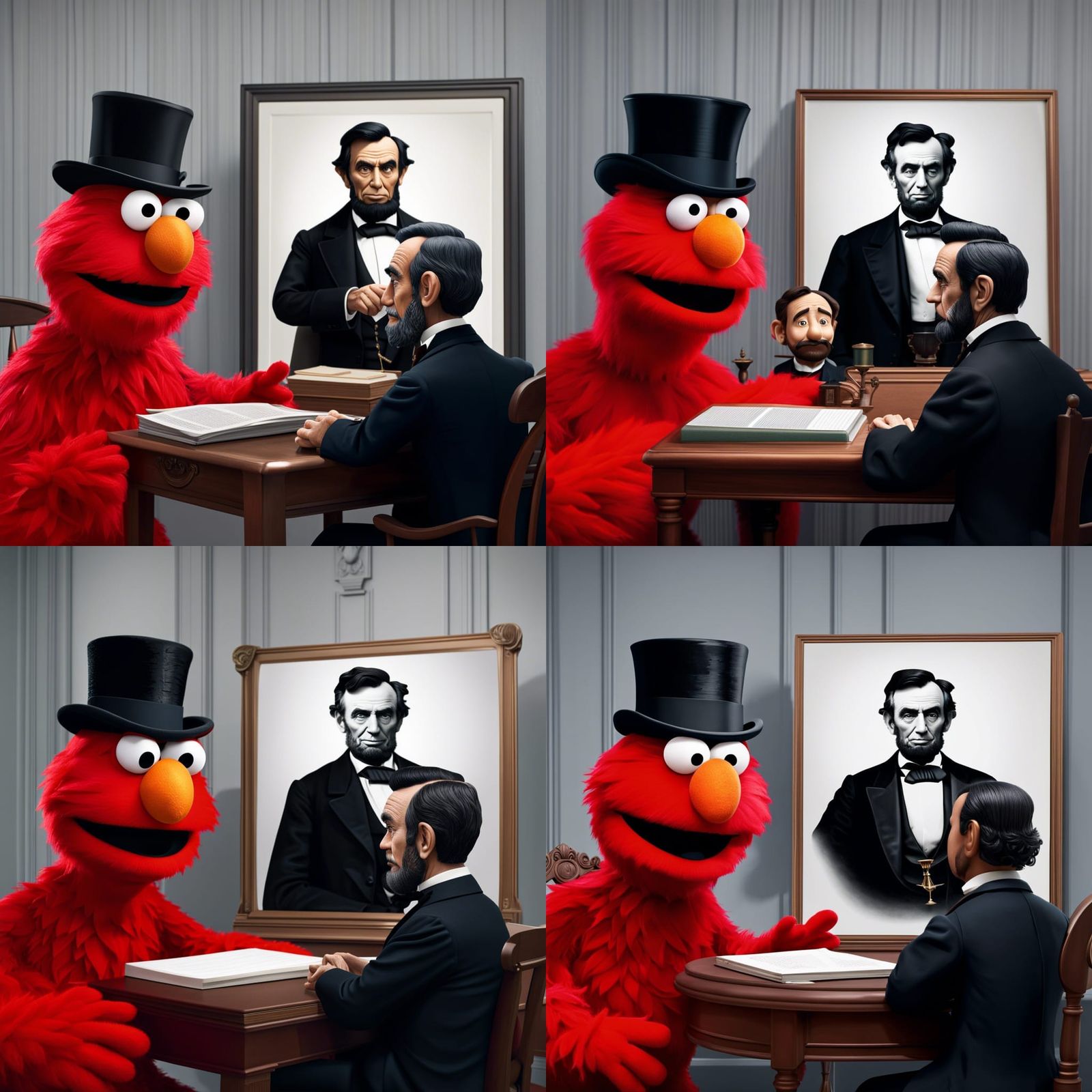 Elmo and Abraham Lincoln sit at a table, peering at a computer screen ...
