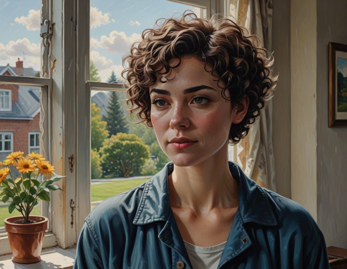 4k glossy oil painting of a cute young Caucasian woman with a detailed ...