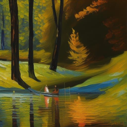 man flyfishing on river bank: neo-impressionism expressionist style oil ...