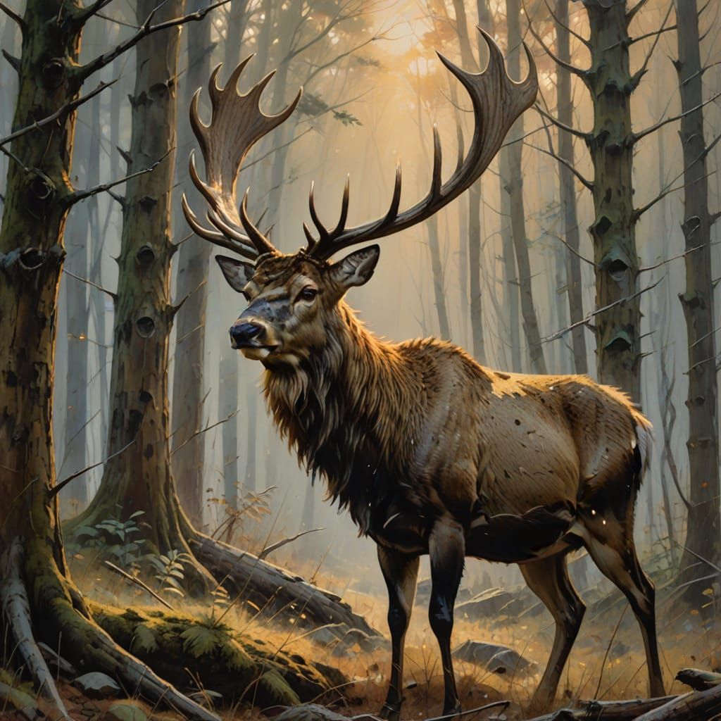 Majestic Wounded Stag in Earthy Forest Landscape - AI Art