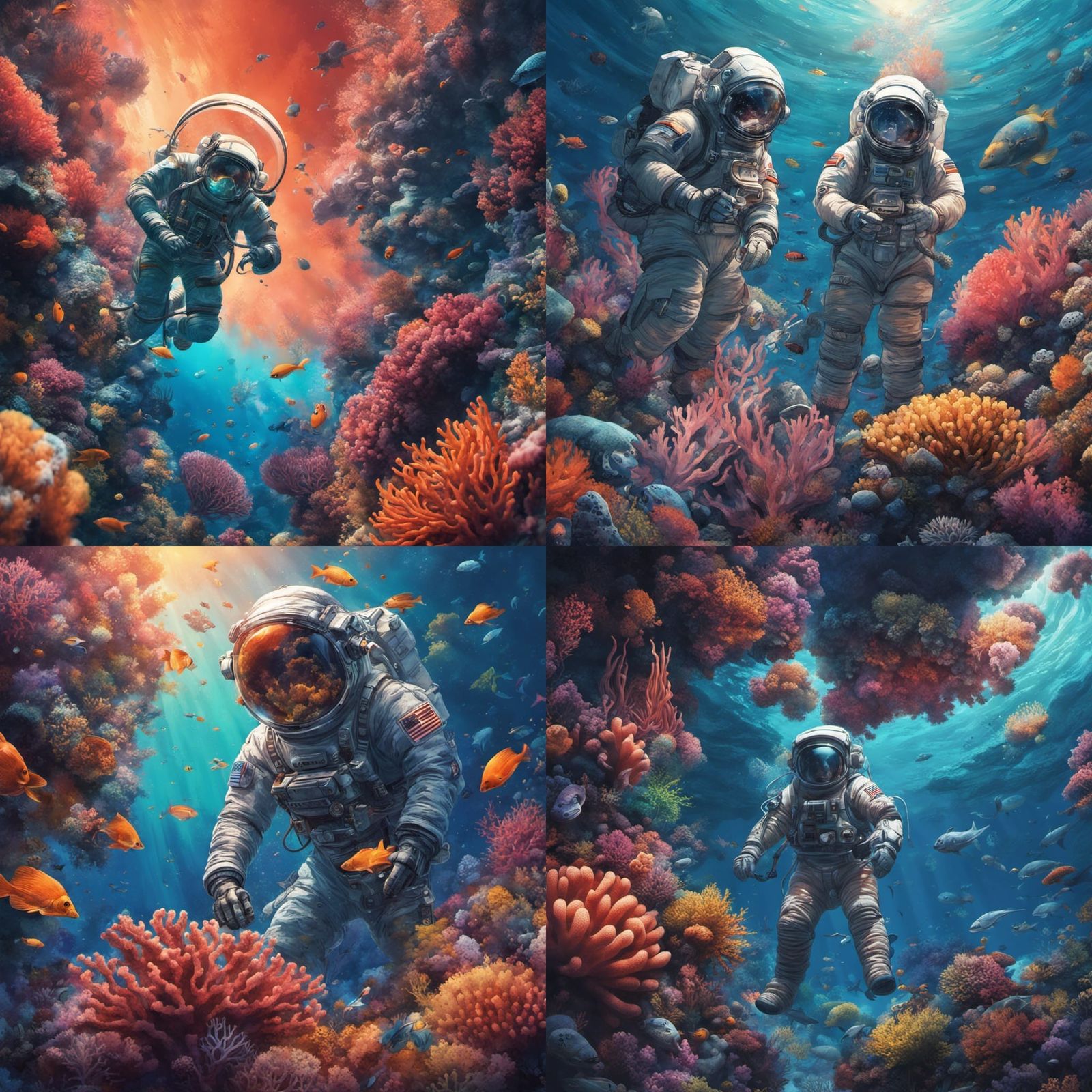 Deep ocean setting, Astronauts exploring coral reef, - AI Generated ...