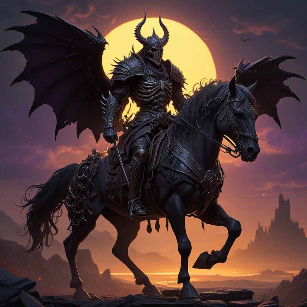 Dark Demon Rides Glowing Skeleton Horse Under Purp... - AI Art