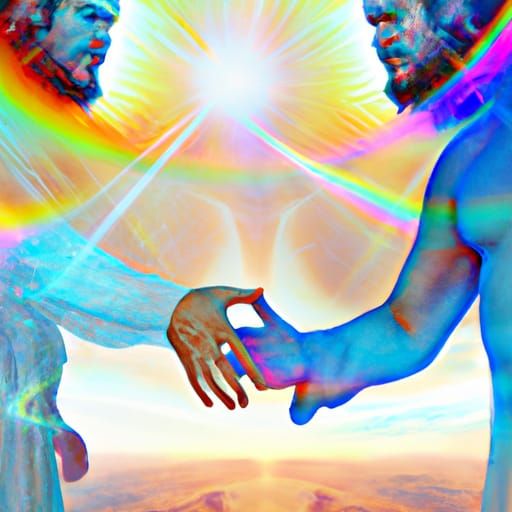 The angel of death shaking hands With Zeus 8k resolution holographic ...