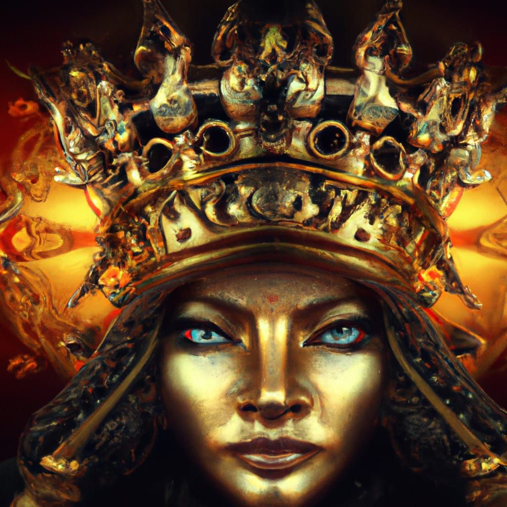 Beautiful Queen Goddess symmetrical eyes, wearing a crown golden warm ...
