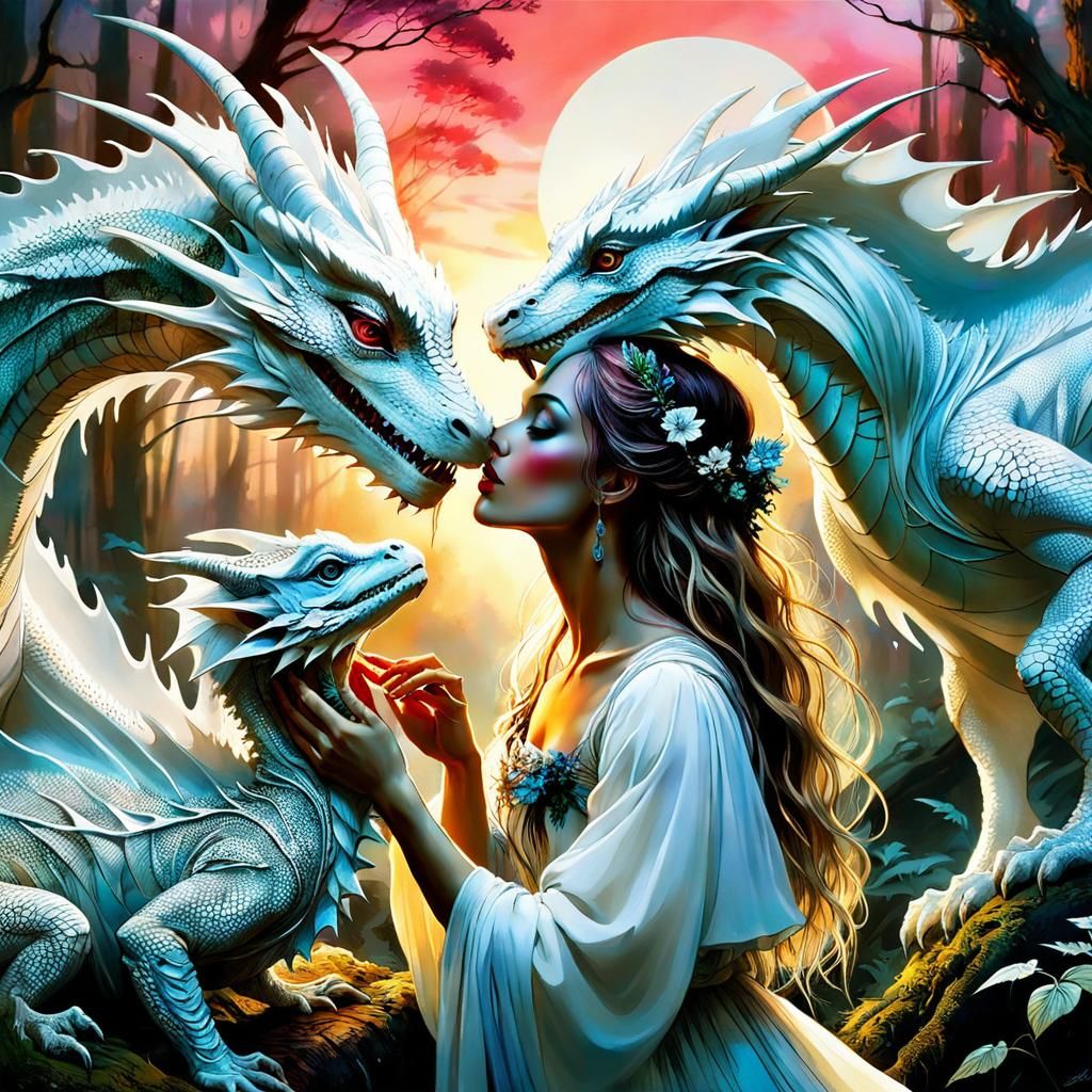 Stunning Princess kissing a white baby-dragon in a fantasy forest ...