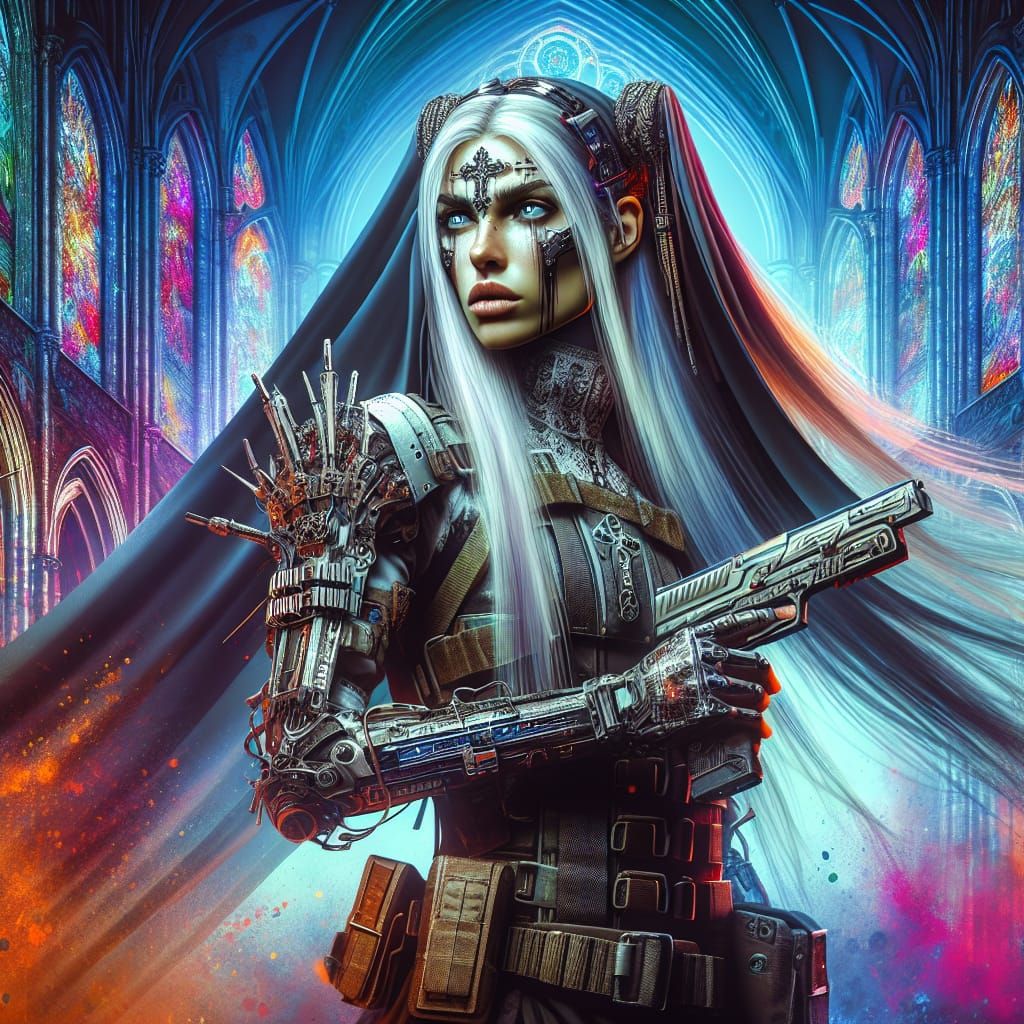The image is of a futuristic Gothic Warrior Nun. She has extremely long ...