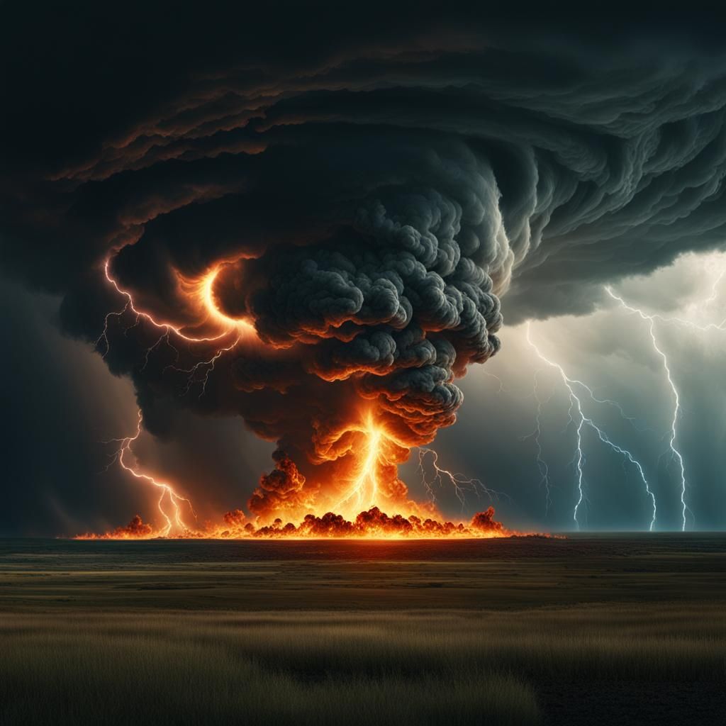 3 lightning bolts striking a flaming tornado - AI Generated Artwork ...