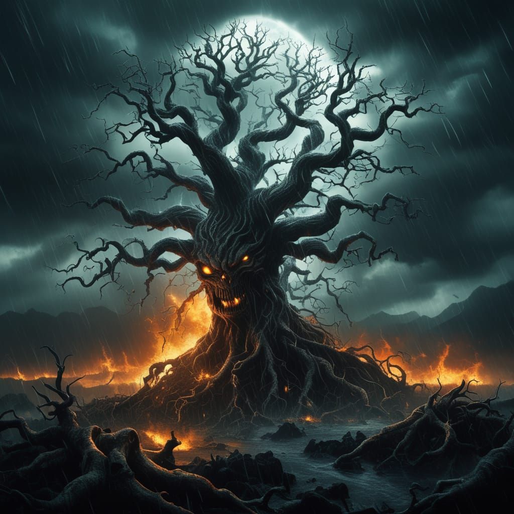 Dark Fantasy Tree Spawn Monsters in Turbulent Stor... - AI Art