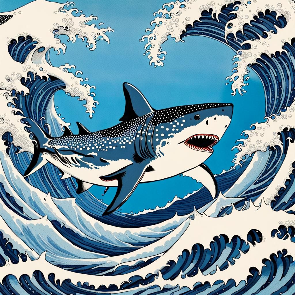 Art by Hokusai, Yayoi Kusama, striking illustration, Great White shark ...