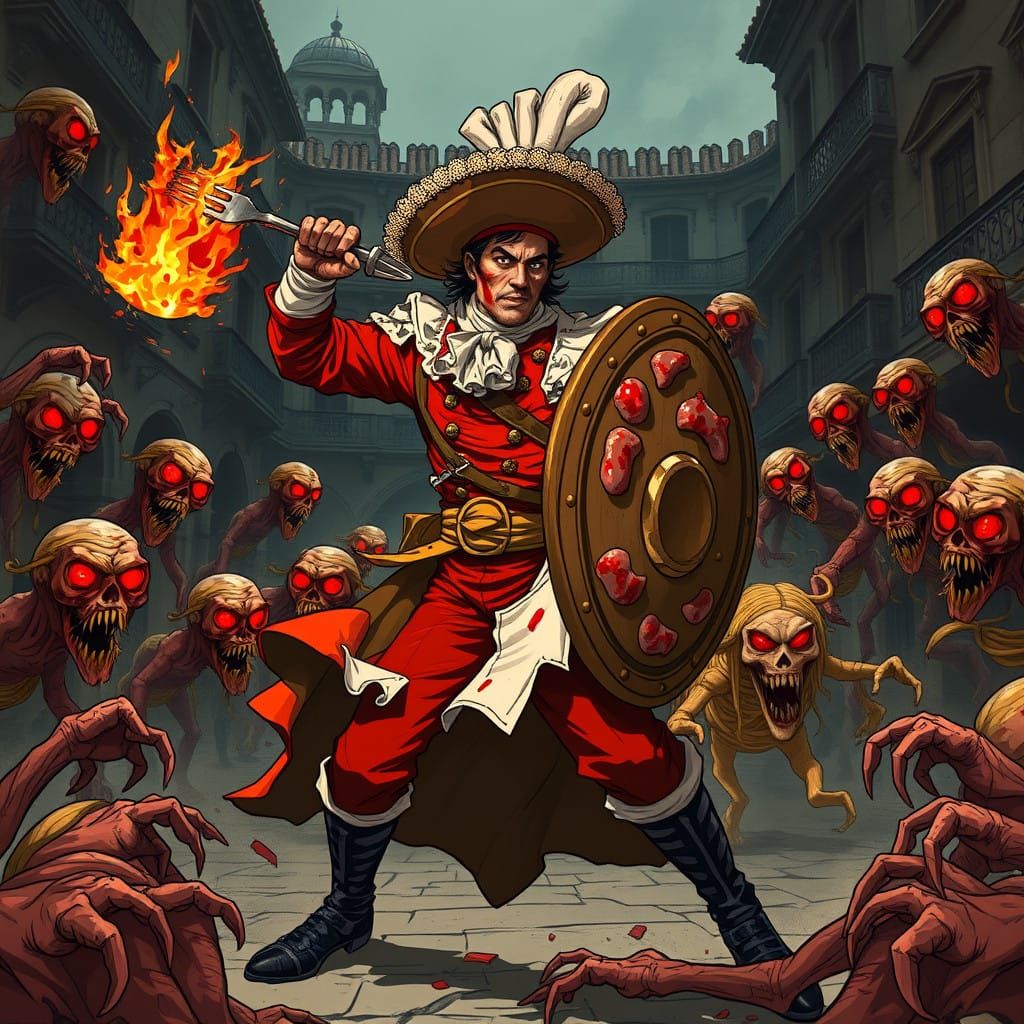 Spanish Pasta Chef Battles Undead Pasta Monsters i... - AI Art