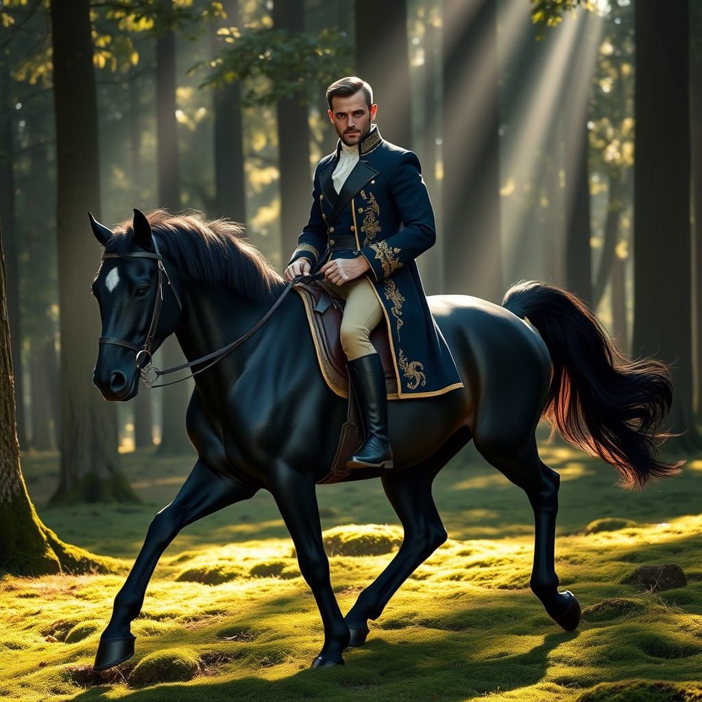 Elegant Nobleman Rides Powerful Black Stallion thr... - AI Art