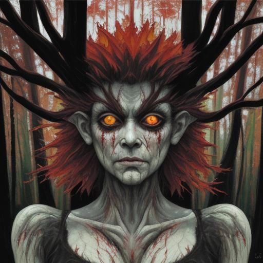 A huge knurly heavily rooted evil maple tree with a pair of huge ...