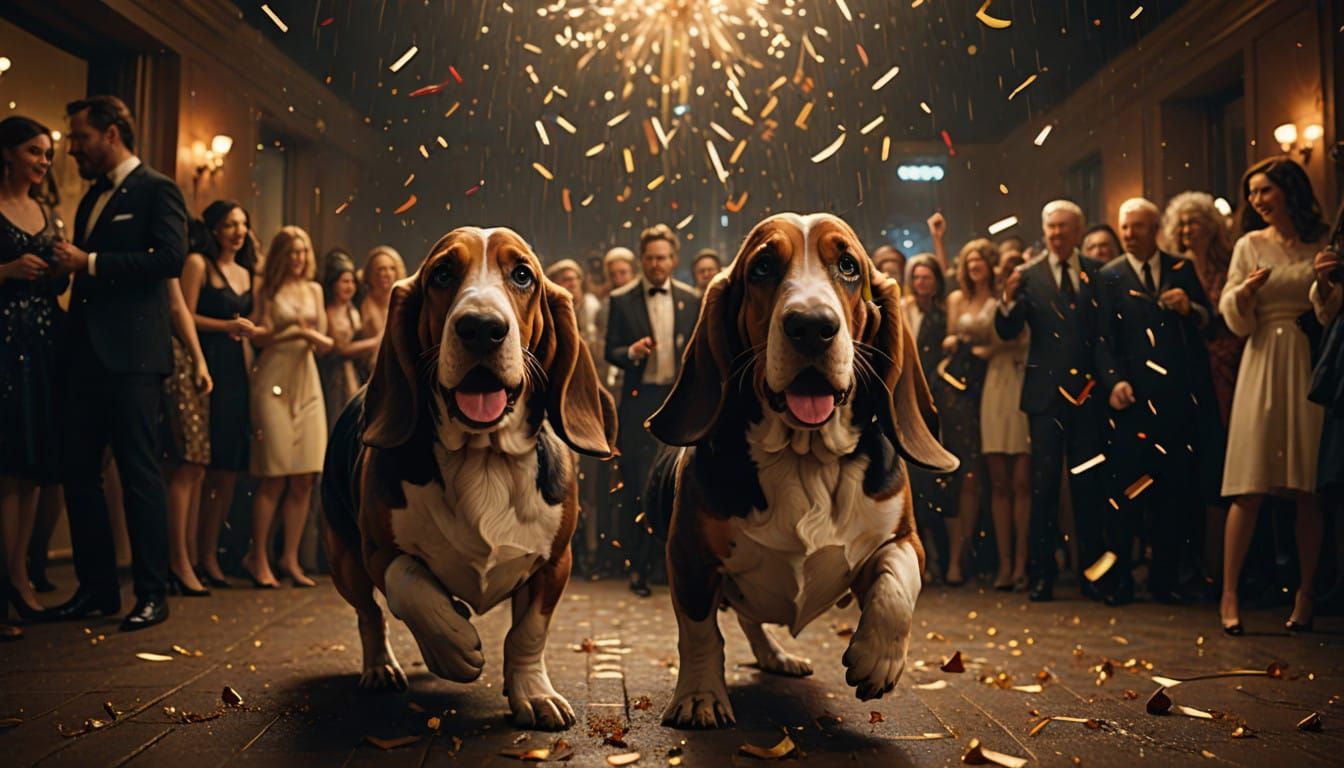 Vibrant festive attire clad basset hounds revel in joyful chaos ...