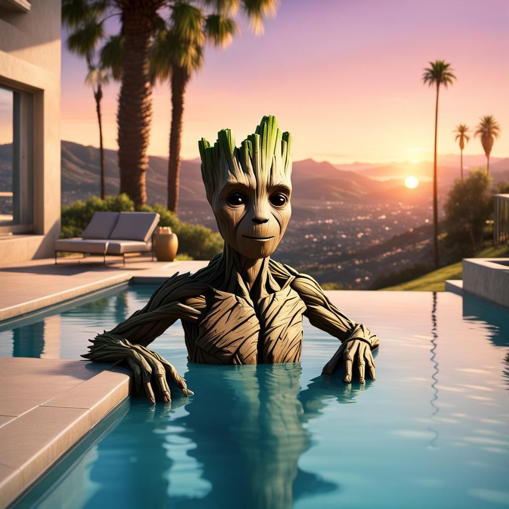 Big Groot relaxing in a California sunset hillside swimming pool. - AI ...